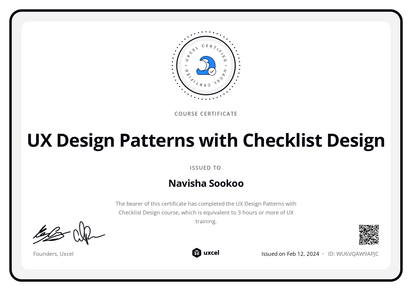 Certificate of completion for UX Design Patterns with Checklist Design | Uxcel